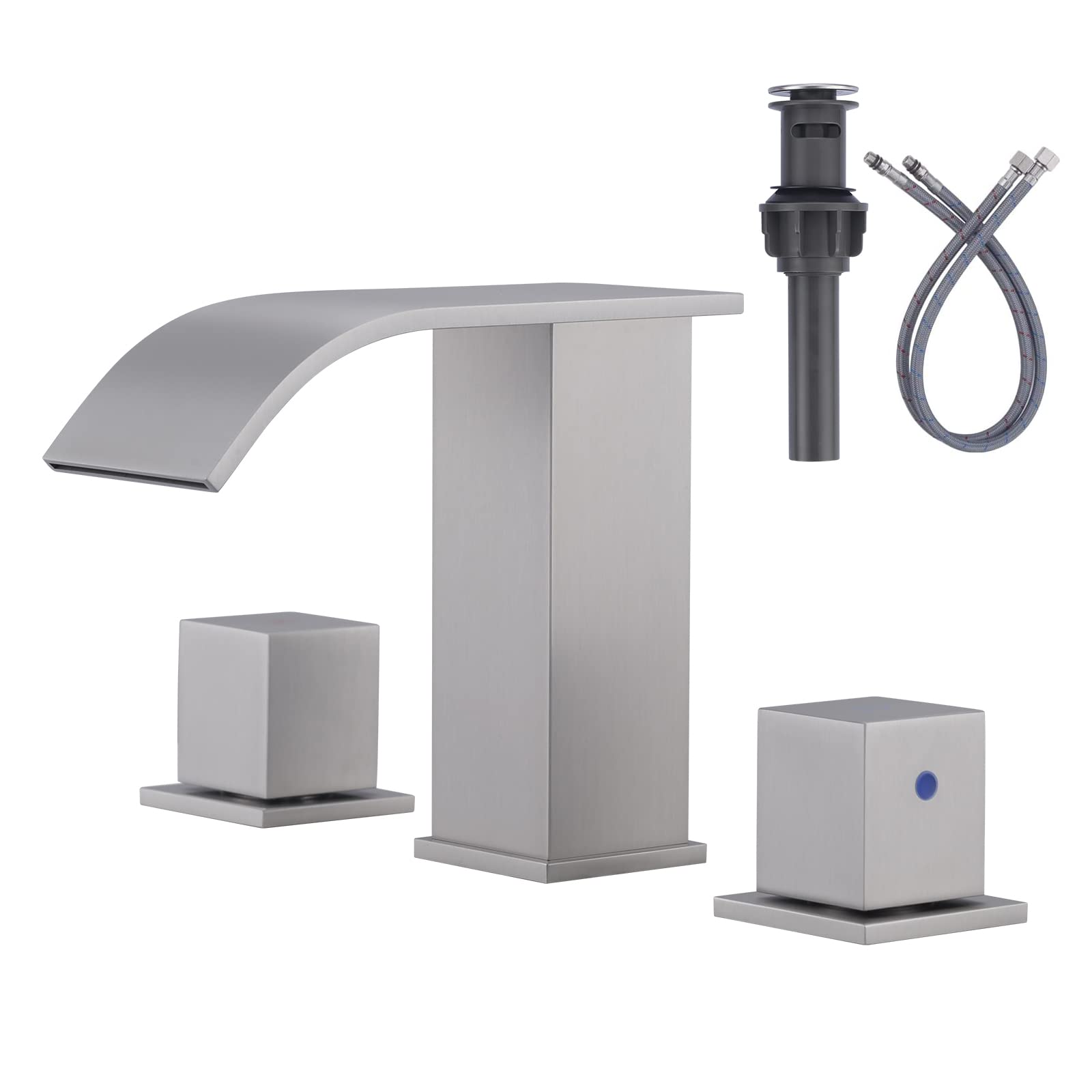 ARCORA Brushed Nickel Waterfall Bathroom Faucet - 8 Inch Widespread Bathroom Faucets for Sinks 3 Hole, Modern 2 Handles Bathroom Sink Faucet with Pon Up Drain and cUPC Supply Lines