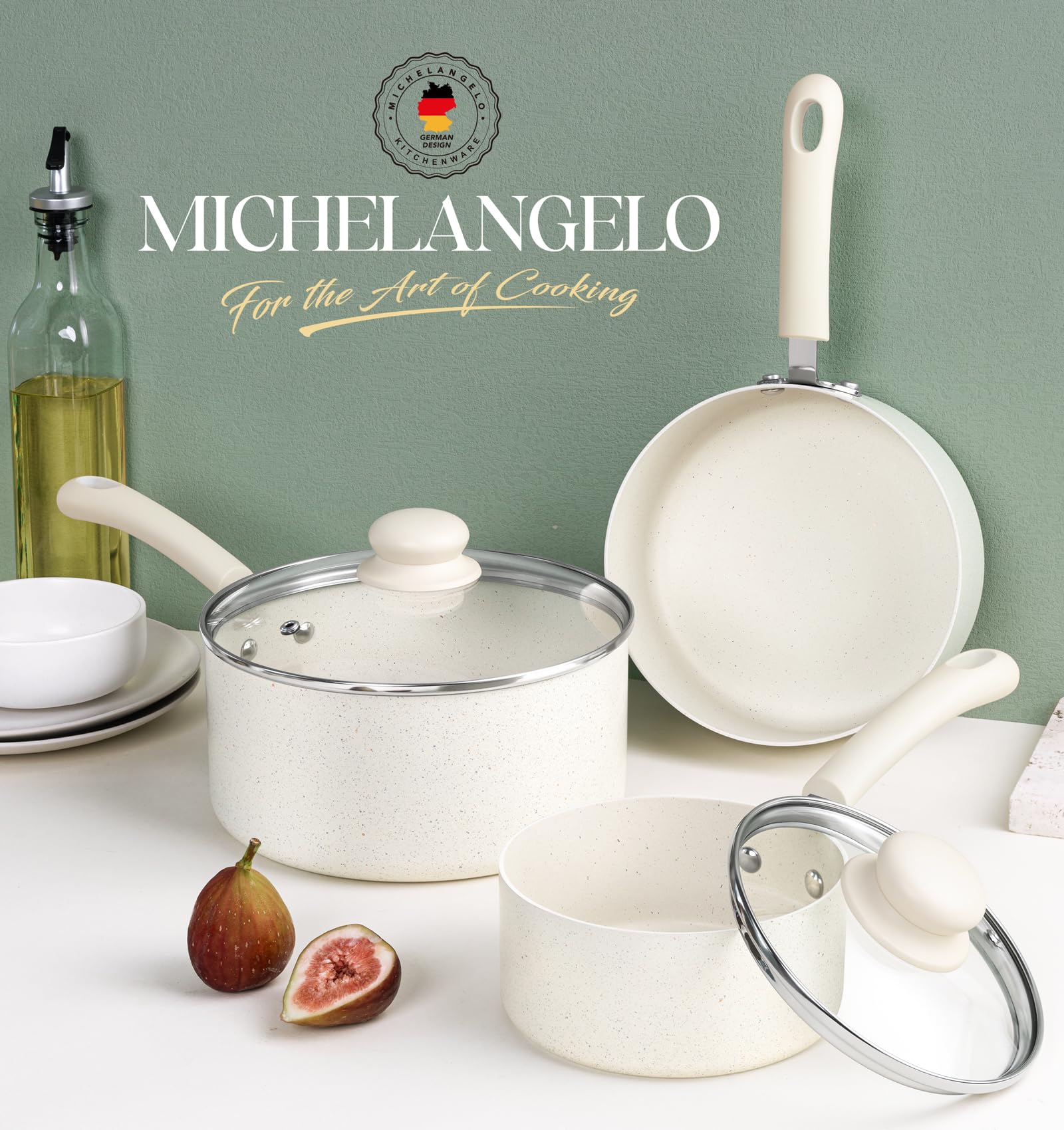 MICHELANGELO Sauce Pan With Lid, Granite Nonstick Saucepans Set, 1QT&2QT&3QT Saucepan With Lid, Multipurpose Cooking Pots, White