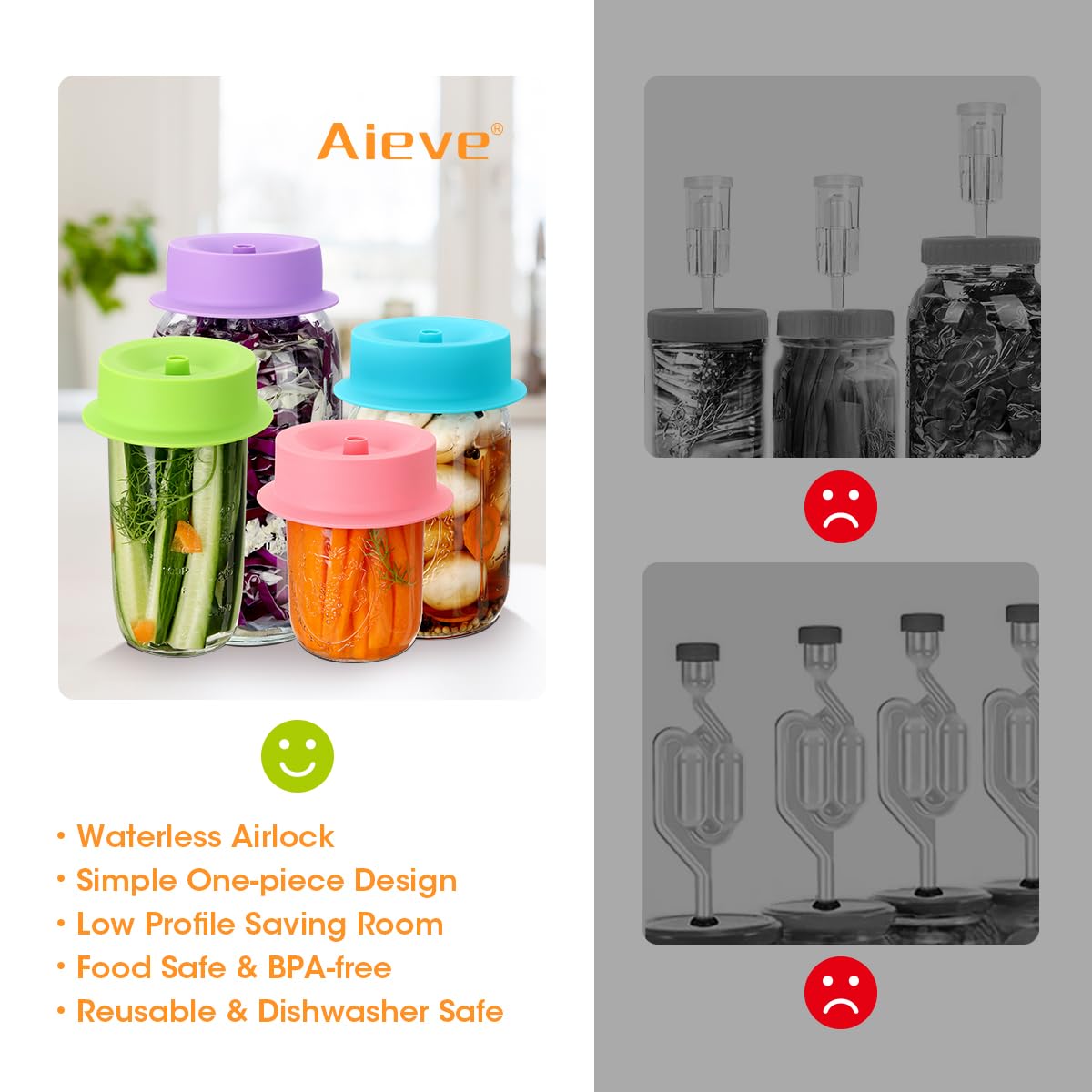Aieve Fermentation Lid, 4 Pack Fermenting Lids Fermenter Cap for Wide Mouth Mason Jar