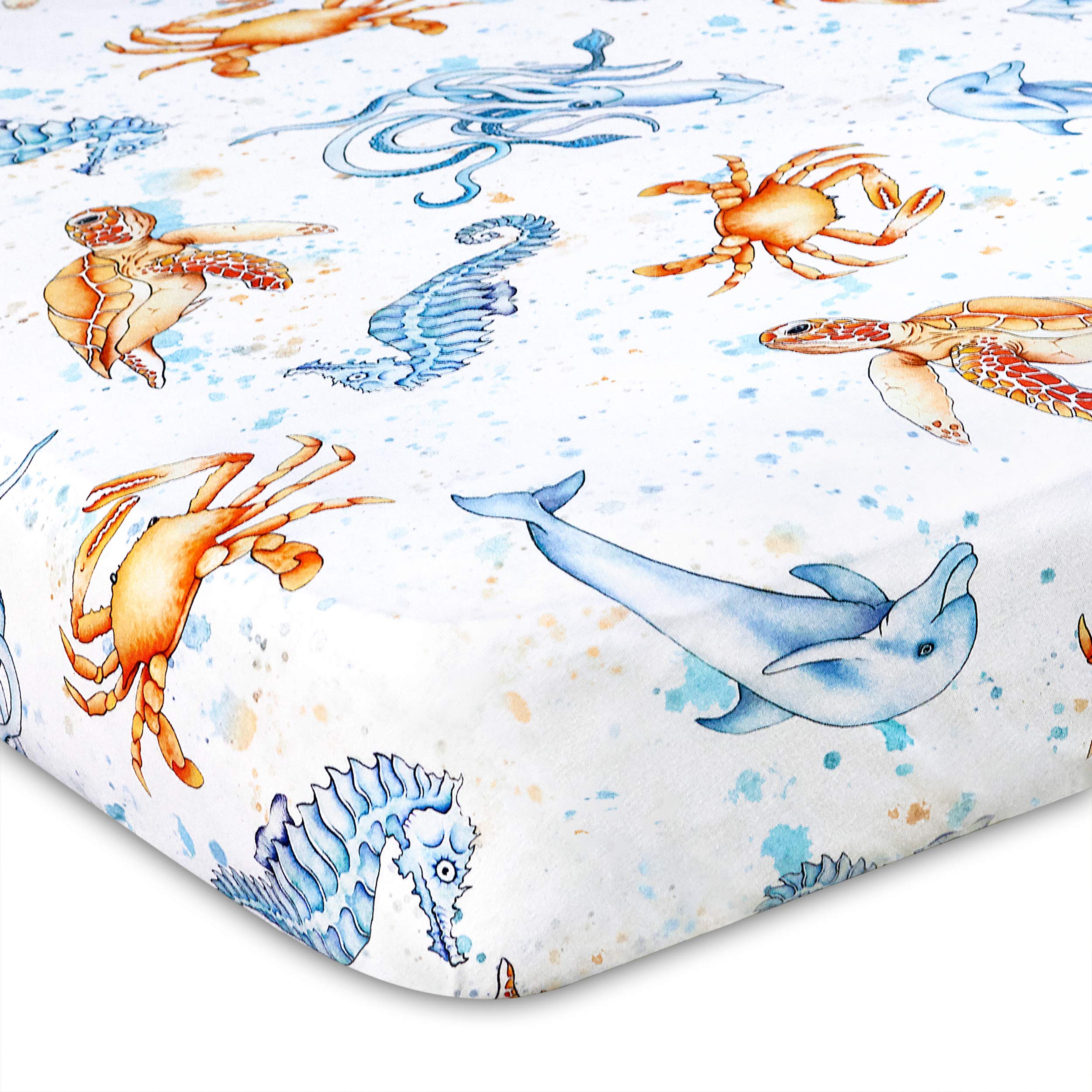 Nautical Design Crib Sheet | Soft Jersey Knit Cotton | Ocean Creature Decor