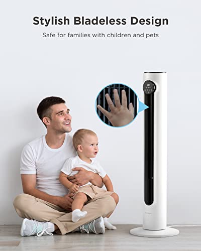 AIRMATE Tower Fan with Remote, 90° Oscillating Bladeless Fan, 42in Silent Standing Fan, 3 Modes 8 Speeds, LED Display Touchpad, 8H Timer Floor Fan for Bedroom Dorm Home Office, Washable & Portable