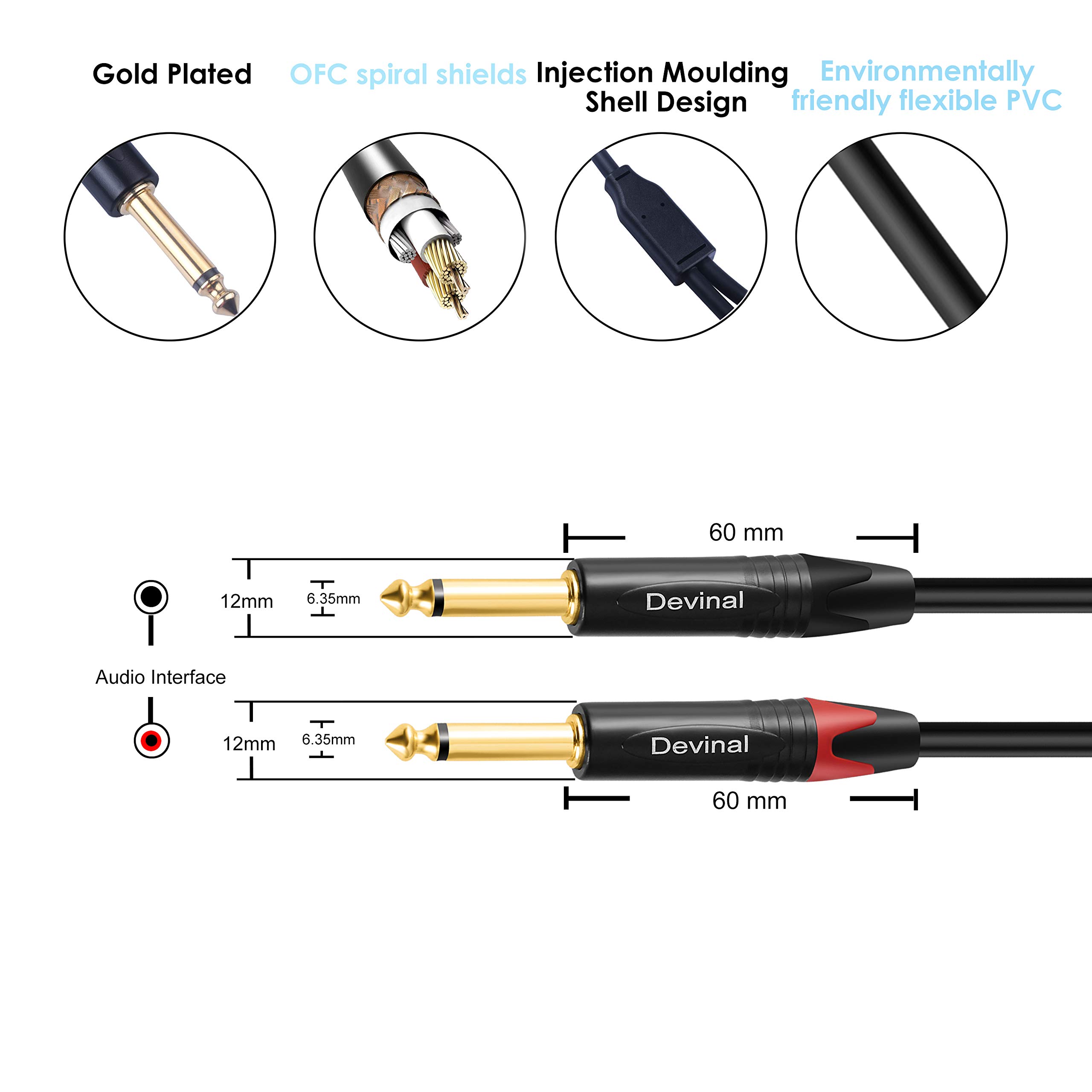 Devinal Female XLR to Dual 1/4" inch Y Cable, XLR Female to Double Quarter inch 6.35mm Mono TS Splitter Plug Mic Microphone Audio Converter Adapter 10 Feet 3m