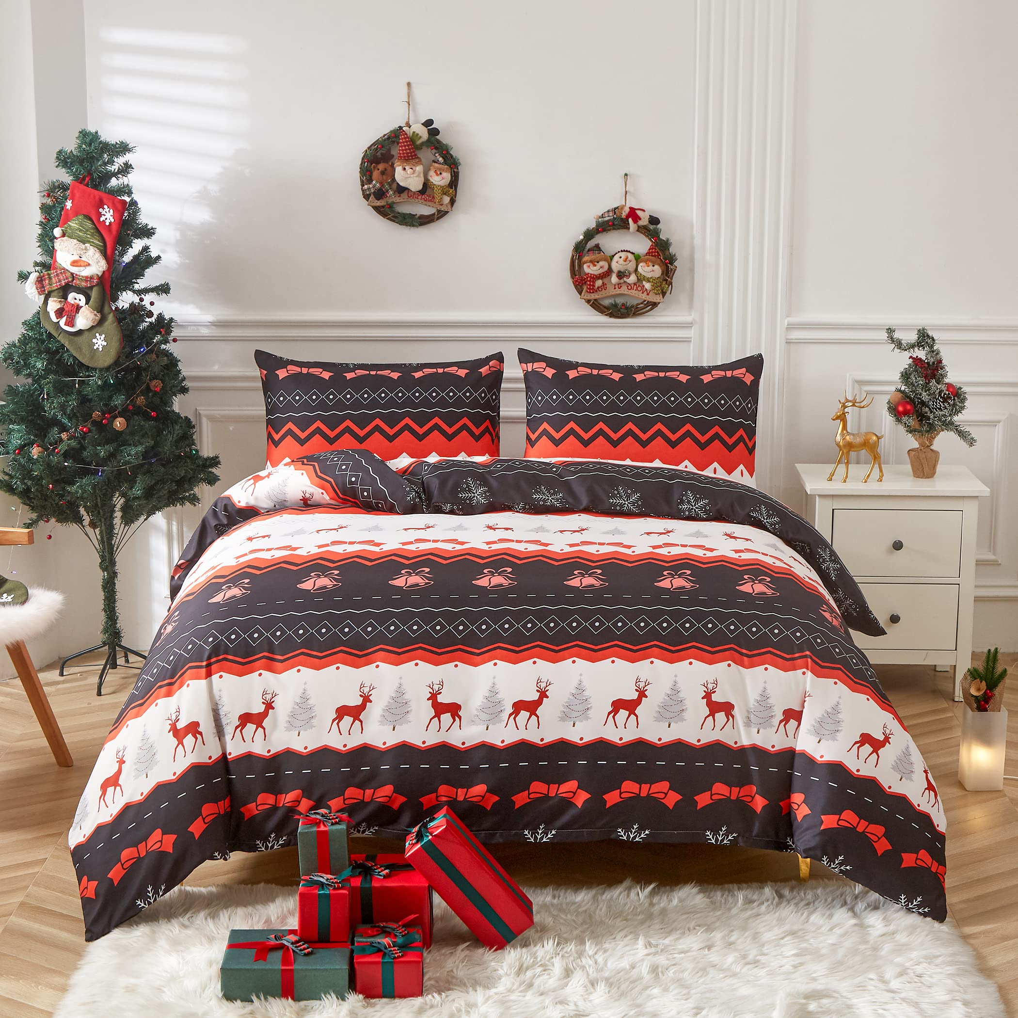 LAMEJOR Christmas Duvet Cover Set Queen Size Soft, Christmas Theme Reindeers/Bells/Christmas Trees Pattern Holiday Decor, 1 Duvet Cover+2 Pillow Cases