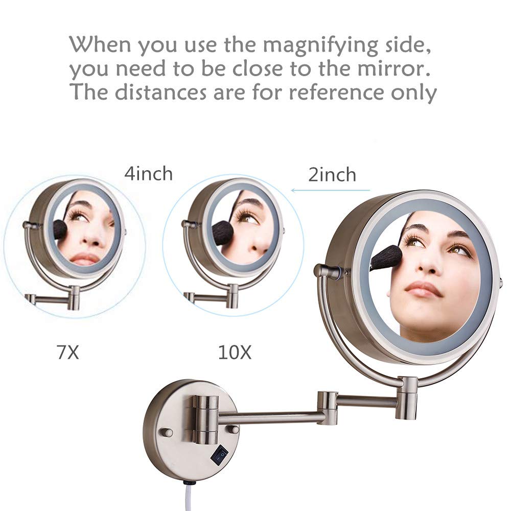 Cavoli Bathroom Extension Mirror 9 Inches with LED Lighted 7X Magnification Beauty, 3 Colors Lights Modes,13" Extension Arm Magnifying Vanity Mirror Electric Plug Powered, Brushed Nickel