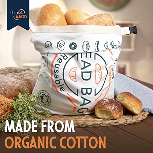 Think4Earth – Cotton Linen Bread Bag Organic - Reusable bread bags for homemade bread gift giving - Bread Container for large Sourdough Loafs – Counter Top Cloth Bread Storage and Transport Solution.