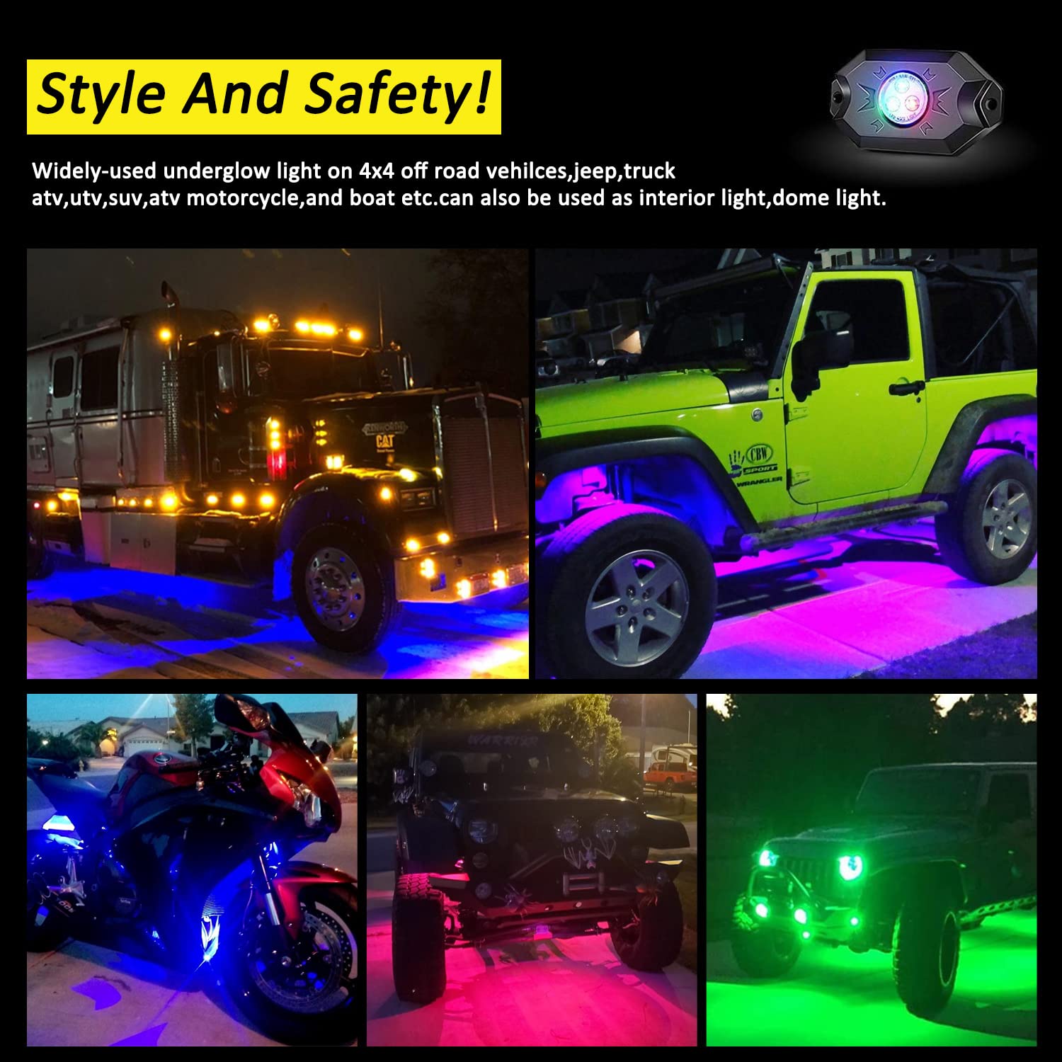 Avenemark Waterproof Neon Light 8 Pods RGB LED Rock Lights with Bluetooth App Control Music Modes Timing Function Wheel Well Light for Car Truck ATV SUV Boat