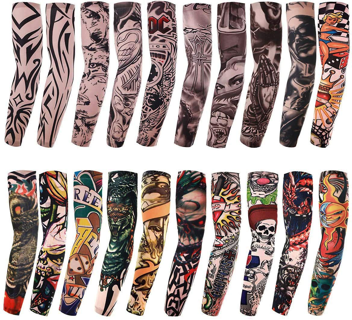 AKStore 20PCS Set Arts Fake Temporary Tattoo Arm Sunscreen Sleeves Designs Tiger, Crown Heart, Skull, Tribal and Etc