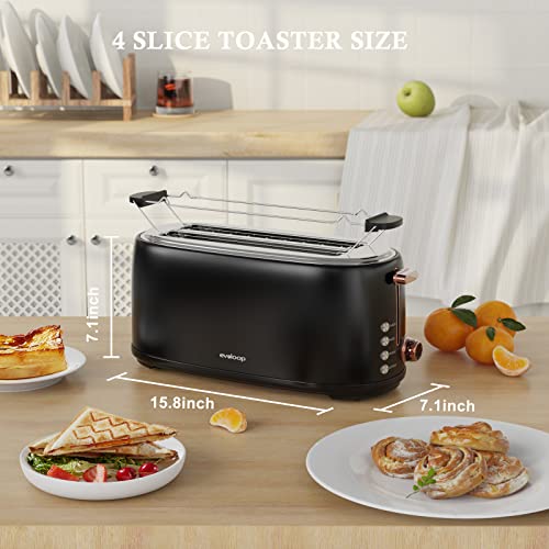Evoloop 4 Slice Toaster, 1.5" Extra Wide Slots Stainless Steel Toaster with Warming Rack, 6 Shade Settings & Removable Crumb Tray, Bagel/Defrost/Reheat/Cancel, Long Slot Toaster for Croissants Bread