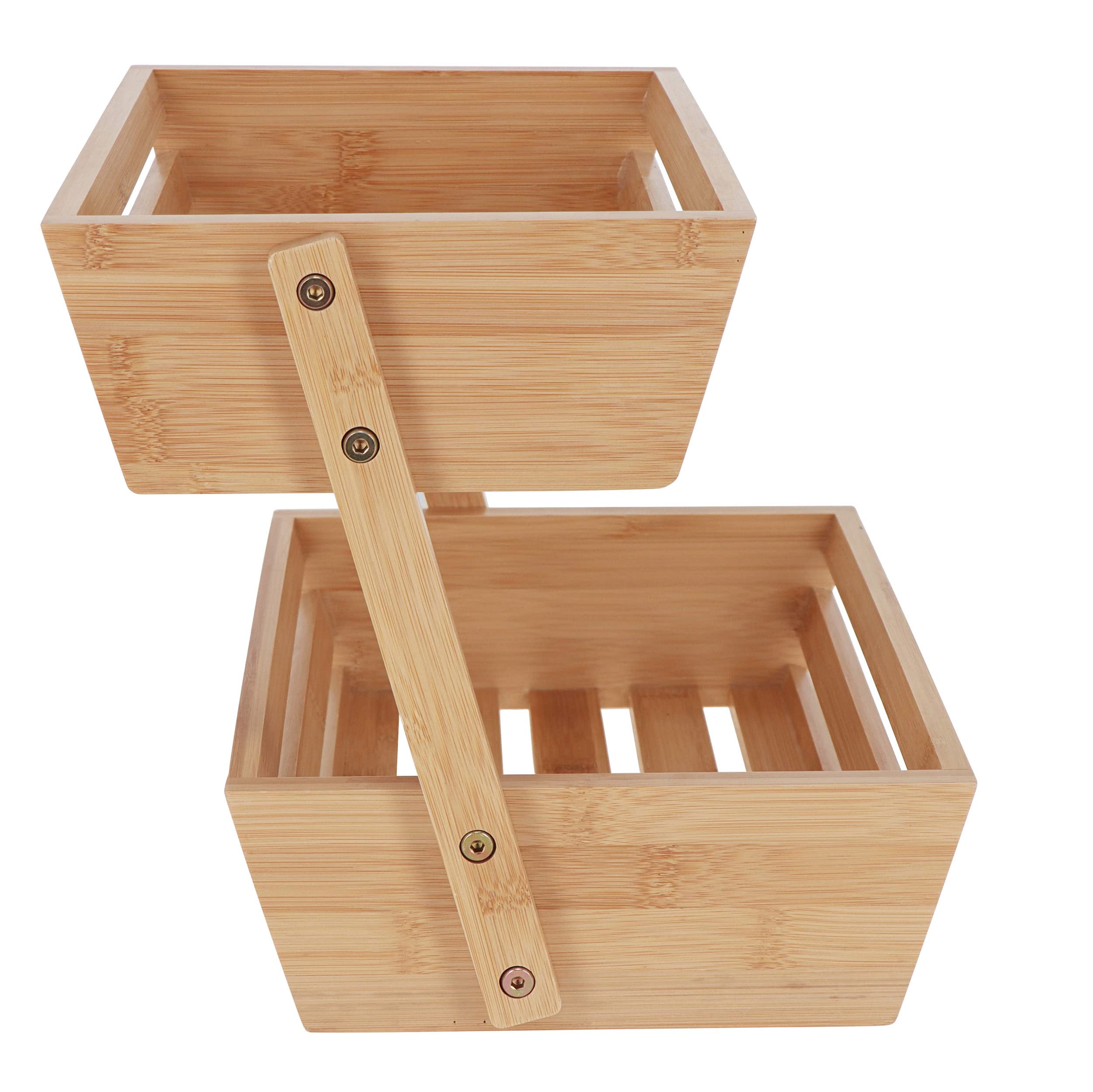 7Penn 2 Tier Fruit Basket for Kitchen Counter - Standing Countertop Bamboo Fruit Basket for Table or Pantry - Large Farmhouse Wooden Fruit Bowl for Vegetables - Rustic Bread Holder Produce Storage