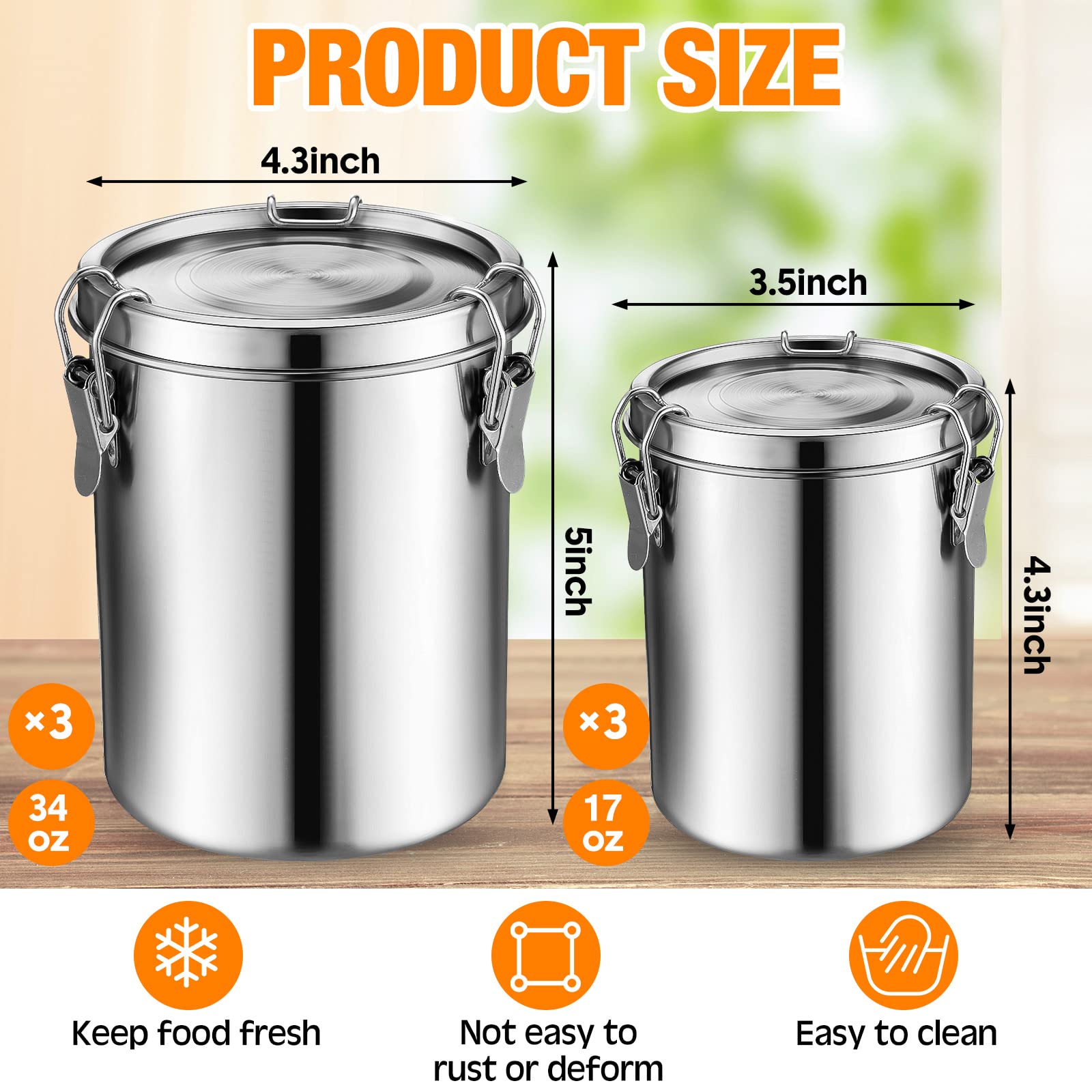 6 Pcs Stainless Steel Canisters Sets for Kitchen Counter Airtight Food Storage Containers with Lids Metal Coffee Tea Sugar Flour Canisters Bulk 17.6 oz, 33.8 oz
