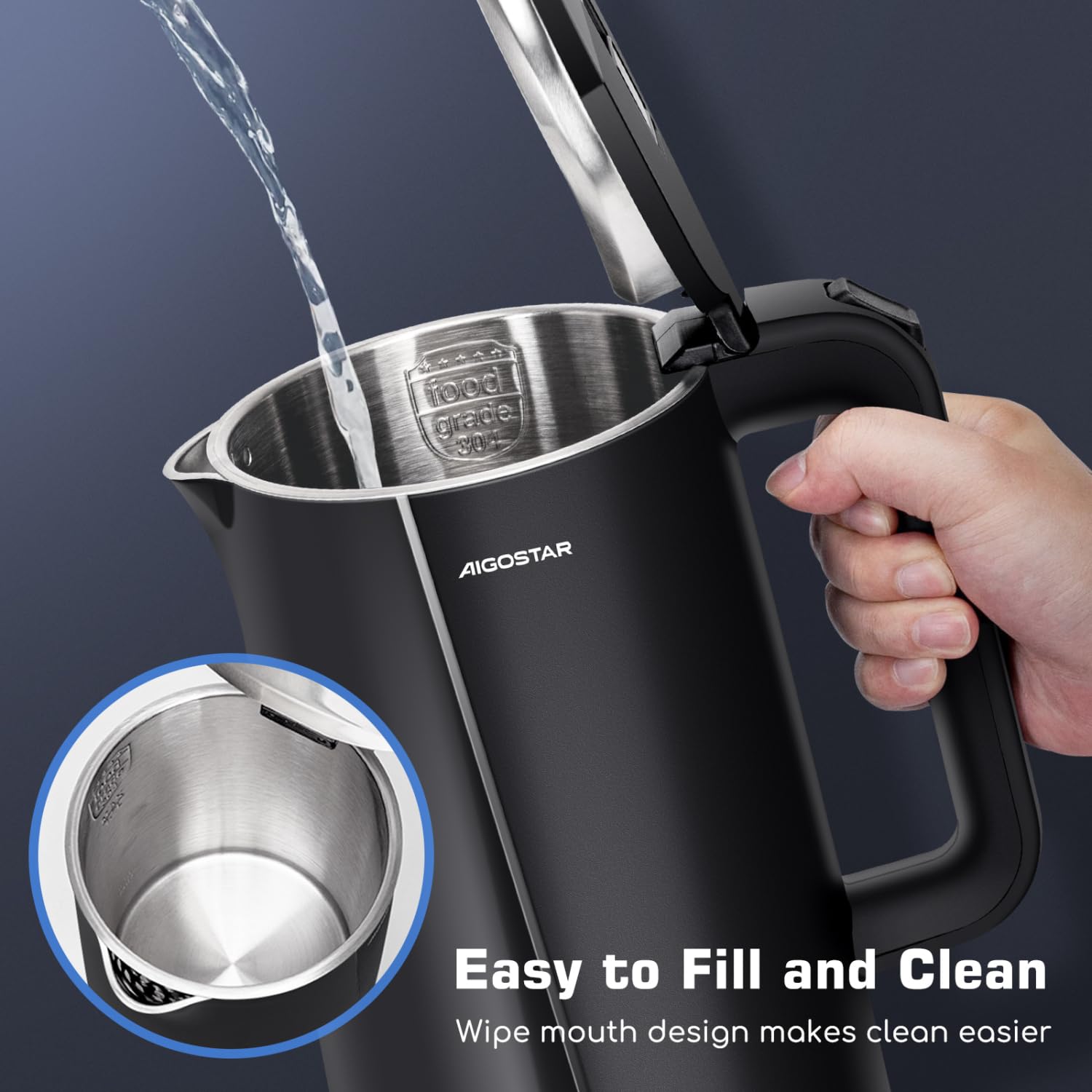 Aigostar Electric Kettle, 1.7L Double Wall 304 Stainless Steel Interior Hot Water Boiler Heater, Cool Touch Electric Tea Kettle, 1500W Fast Boiling, Auto Shut-Off, Boil Dry Protection, BPA-Free, Black
