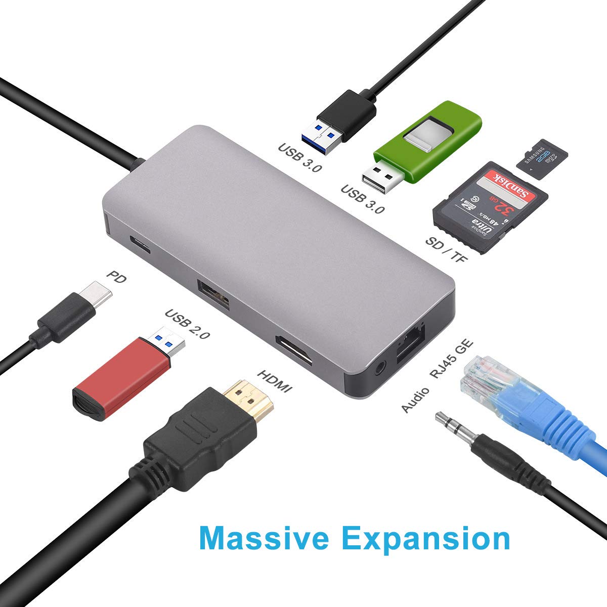 Type C 9 in 1 Hub to 4K HDMI Output, 2 USB3.0 Ports,SD/TF Card Reader,1000Mbps Network Adapter, 1 USB2.0 with PD3.0(100W) Charge