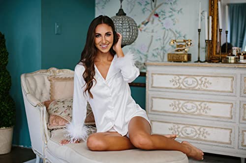 Belle's Design Women's Feather Trim Silk Satin Pajama Set With Shorts Button Down 2 pieces Loungewear Sleepwear (White, XX-Large)