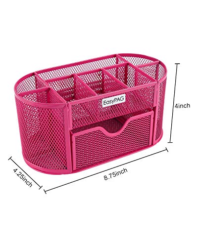 EasyPAG Desk Organizer Mesh Desktop Office Supplies Multi-functional Caddy Pen Holder Stationery with Drawer,Pink