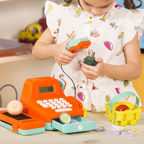 Battat - Interactive Kids Cash Register with Scanner & Sounds - 26-Piece Pretend Play Shopping Set with Light-Up Scanner, Play Money & Card - Educational Toy for Learning & Fun - Ages 3+
