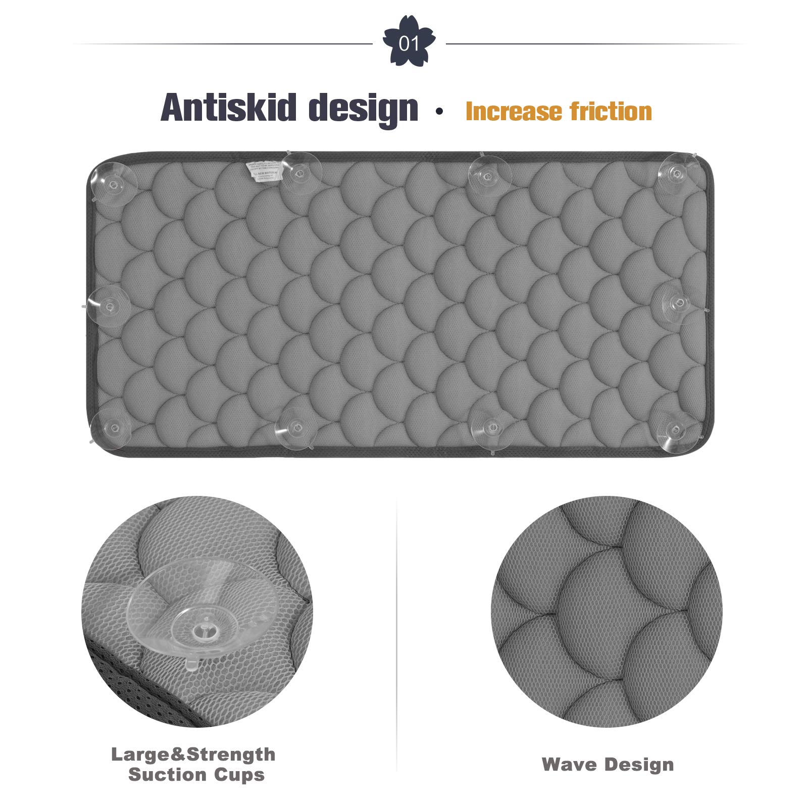 3D Air Mesh Bath Tub Shower Mat Non-Slip Bathtub Mat with Strong Suction Cups Extra Thick Comfortable Bathroom Mat Machine Washable Tub Mat