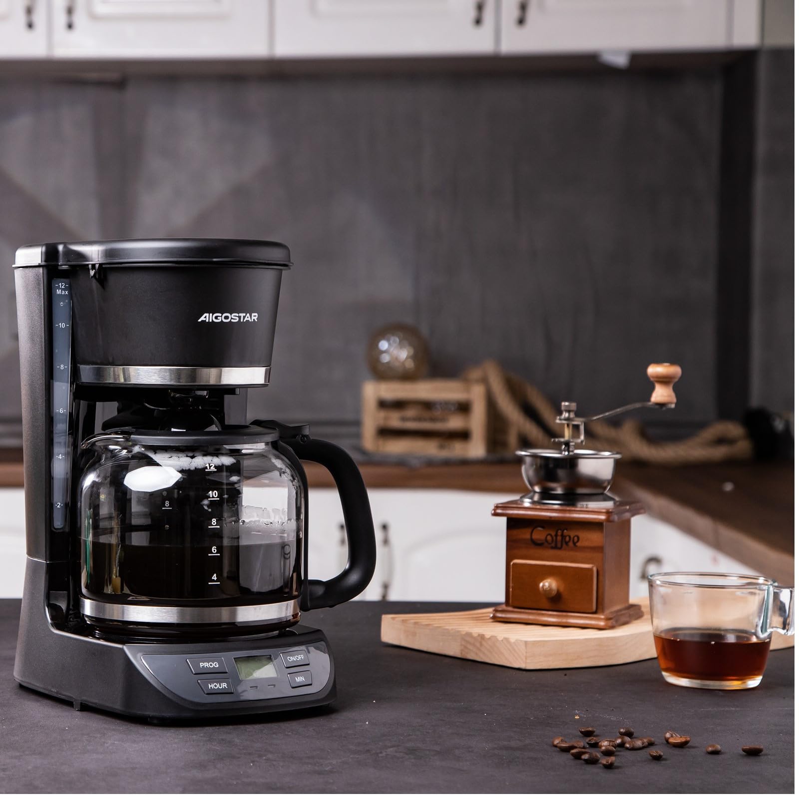 Aigostar Programmable Coffee Maker, 12 Cup Coffee Maker with Glass Carafe, Auto Pause Drip Coffee Maker, 24H Timer and Auto Keep Warm Small Coffee Maker with Permanent Filter, Black