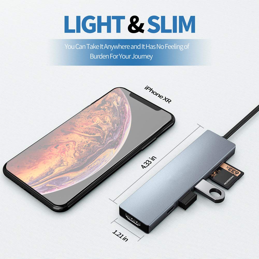 USB C Hub Type C 6 in 1 Hub to 4K HDMI Output, 2 USB3.0 Ports,SD/TF Card Reader with PD2.0 Charge