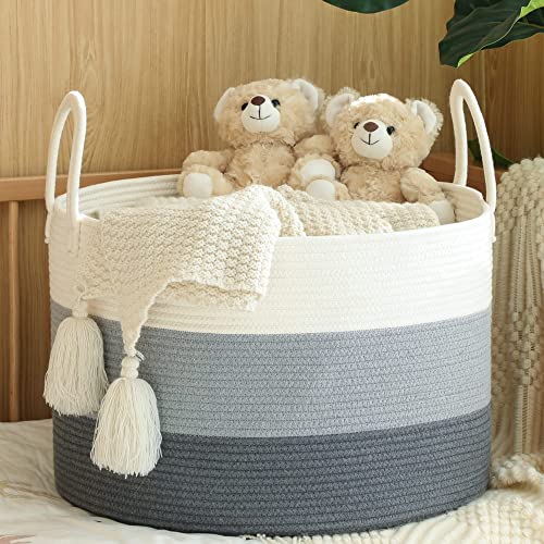 KAKAMAY Large Cotton Rope Blanket Basket (20"x13"),Woven Baby Laundry Hamper,Blanket Basket for Nursery, Laundry, Living Room, Pillows, Toys (White/Beige/Grey)