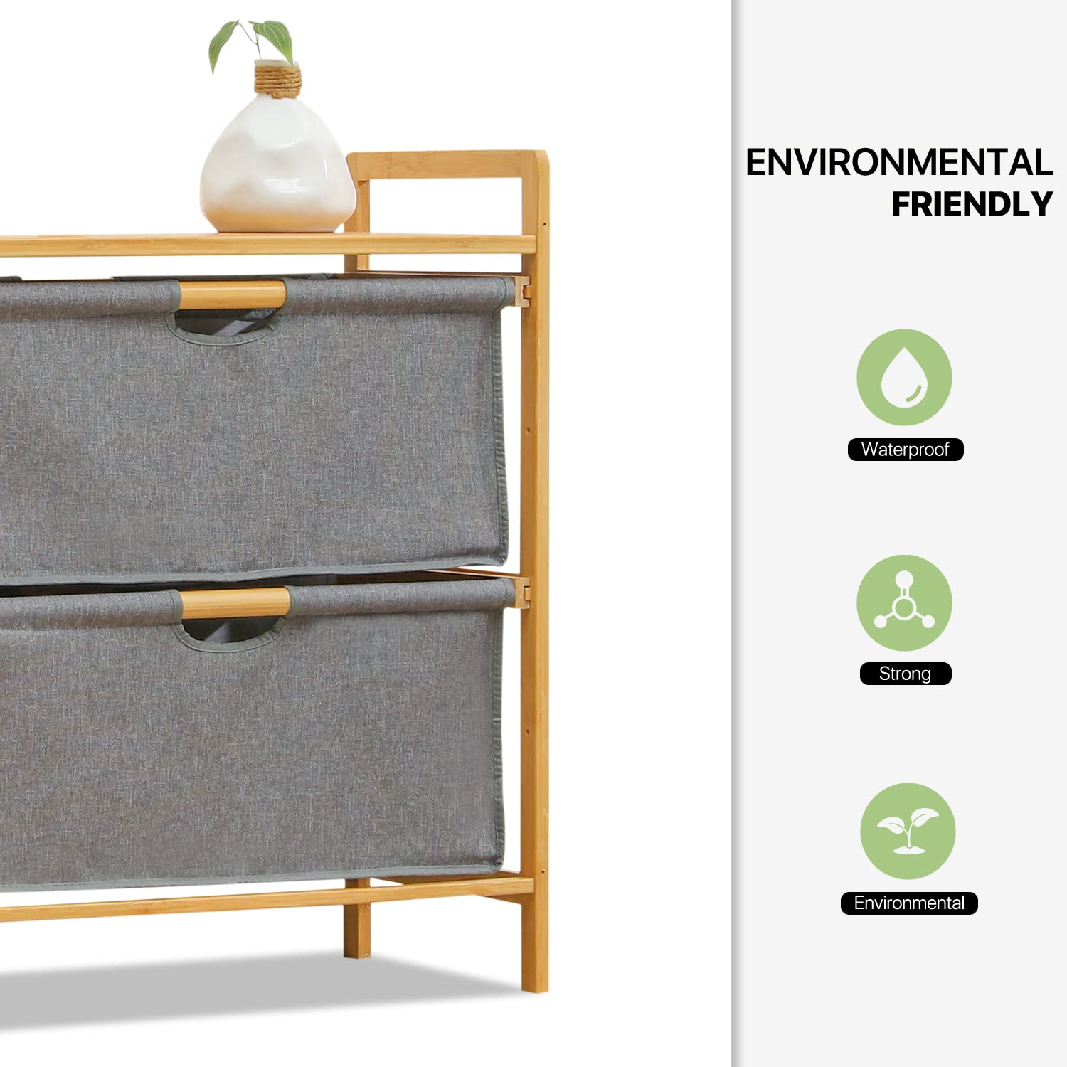 Magshion Storage Dresser with 2 Drawers, Bamboo Frame Fabric Storage Tower, End Side Table Nightstand with 2 Fabric Bins, Chest Storage Organizer for Bedroom, Living Room, Hallway