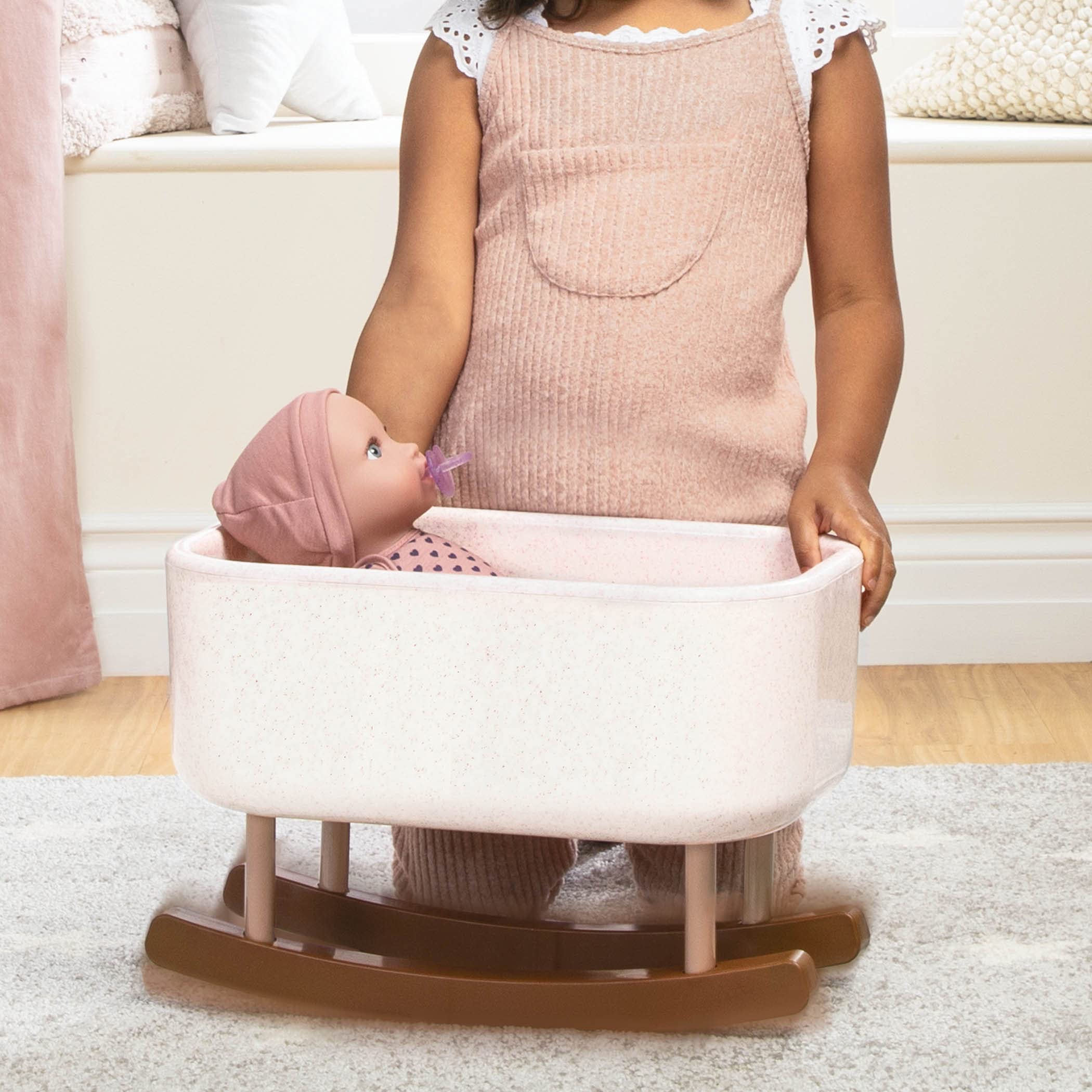 Battat Babi 14-inch Baby Girl Doll & Bassinet – Medium-Light Skin Tone & Gray Eyes – Removable Heart Polka Dot Pajama with Pacifier – Rocking Cradle Pretend-Play–Toys for Kids Ages 3 and Up