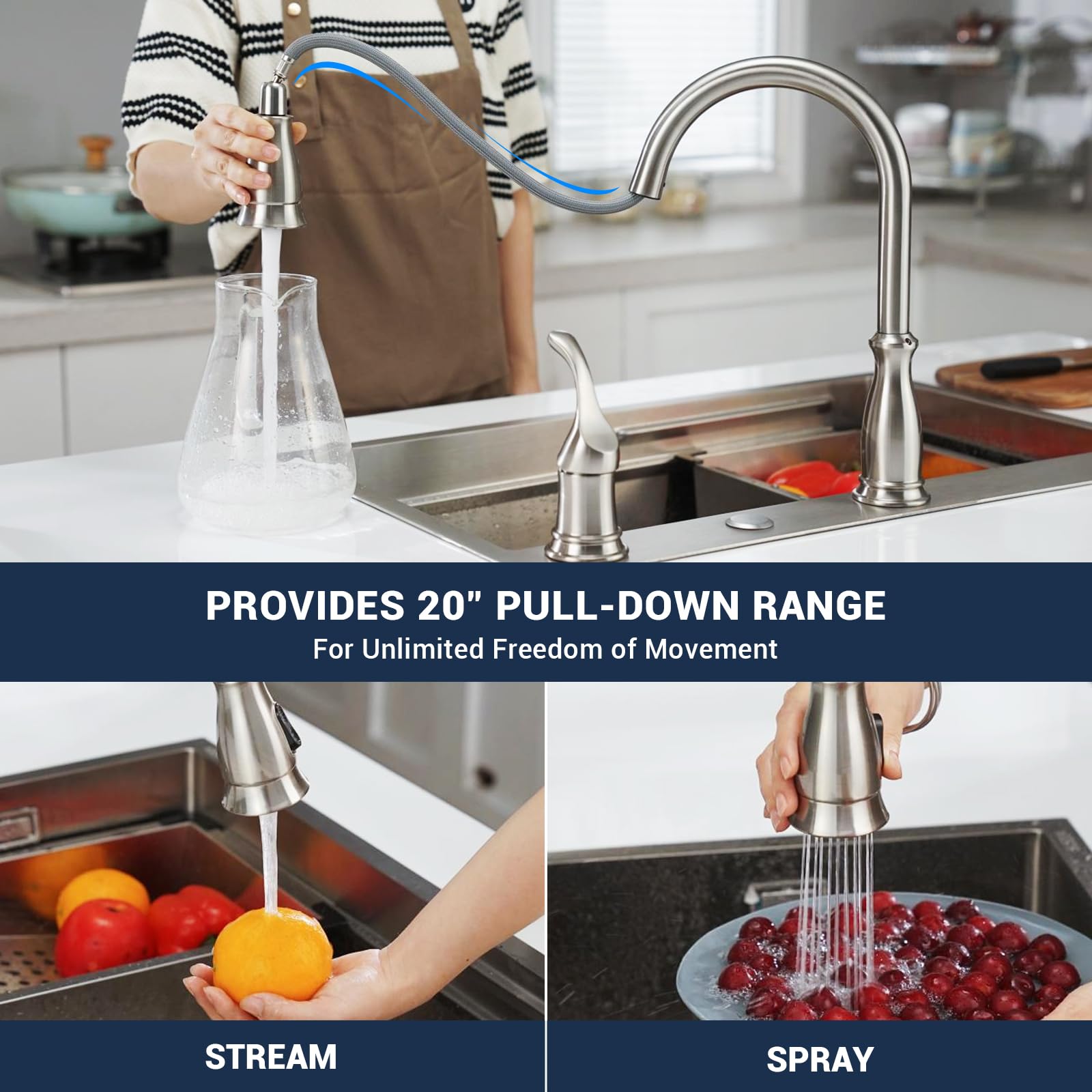 APPASO 2 Hole Kitchen Faucet with Pull Down Sprayer, Stainless Steel Brushed Nickel Commercial Kitchen Sink Faucet with Side Single Handle, APS278BN