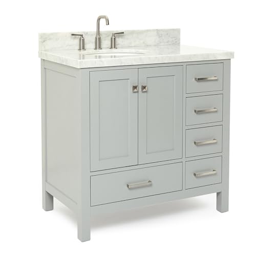 ARIEL 37" Grey Bathroom Vanity with 1.5" Edge Italian Carrara Marble Countertop & Backsplash, Left Oval Sink, 2 Soft Closing Doors, 5 Full Extension Dovetail Drawers, Brushed Nickel