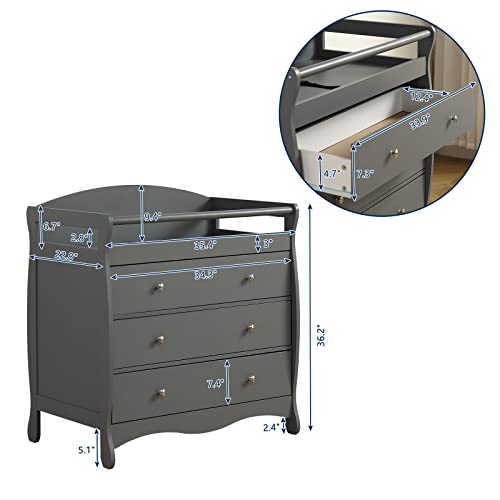 Karl home Changing Table Dresser Baby Diaper Changing Station Infant Nursing Table with 3 Drawers, Safety Rail & Strap for Bedroom, Nursery, Gray