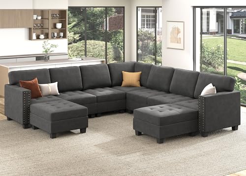 HONBAY Velvet Convertible Sectional Couch, U Shaped Sectional Sofa with Chaise Modular Sectional with Storage Ottoman Corner Couch for Living Room, Grey