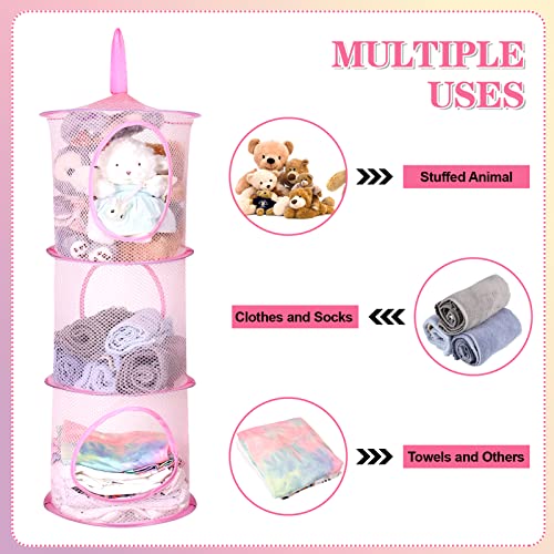 Fuyamp 2Pcs Stuffed Animal Storage Hanging Mesh Stuffed Animal Net or Hammock Foldable Stuffed Animal Organizer Net or Hammock 3 Compartments Toy Storage Basket for Kids Girls Room Bathroom (Pink)