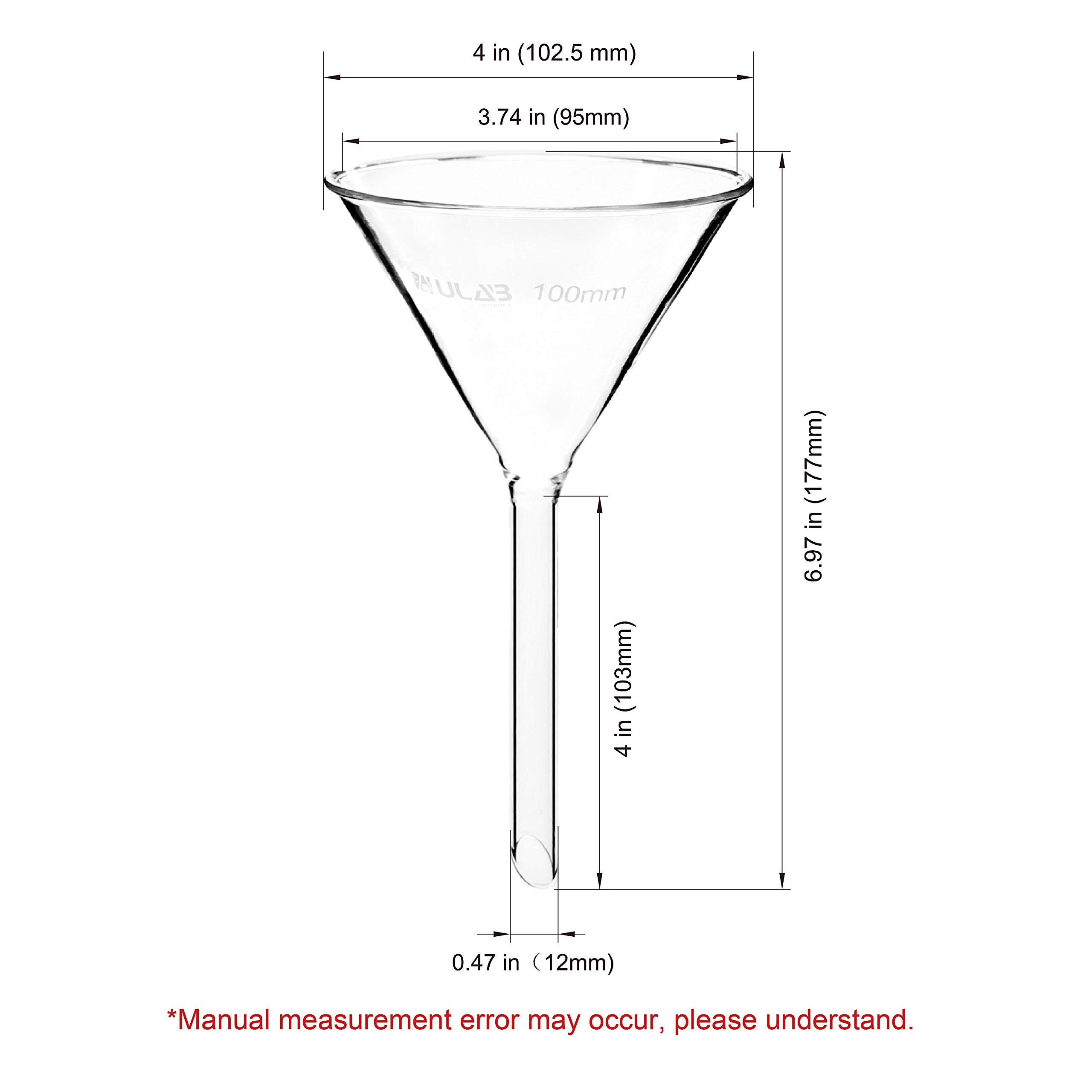 ULAB Scientific 100mm Glass Funnels, Short Stem Diameter 13mm, 3.3 Borosilicate Glass, Heavy Wall, Pack of 2, UGF1010