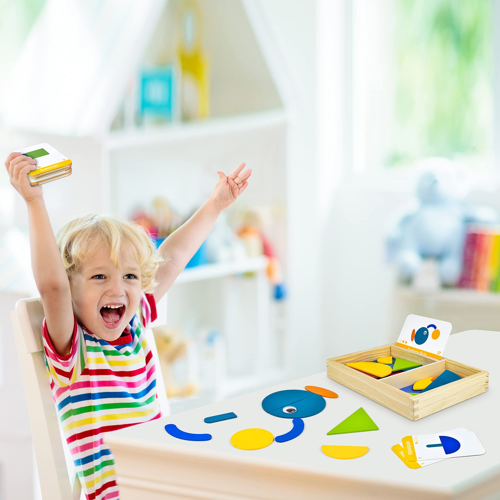 LiKee Wooden Pattern Blocks (37 Blocks& 50 Cards) (Third Edition)