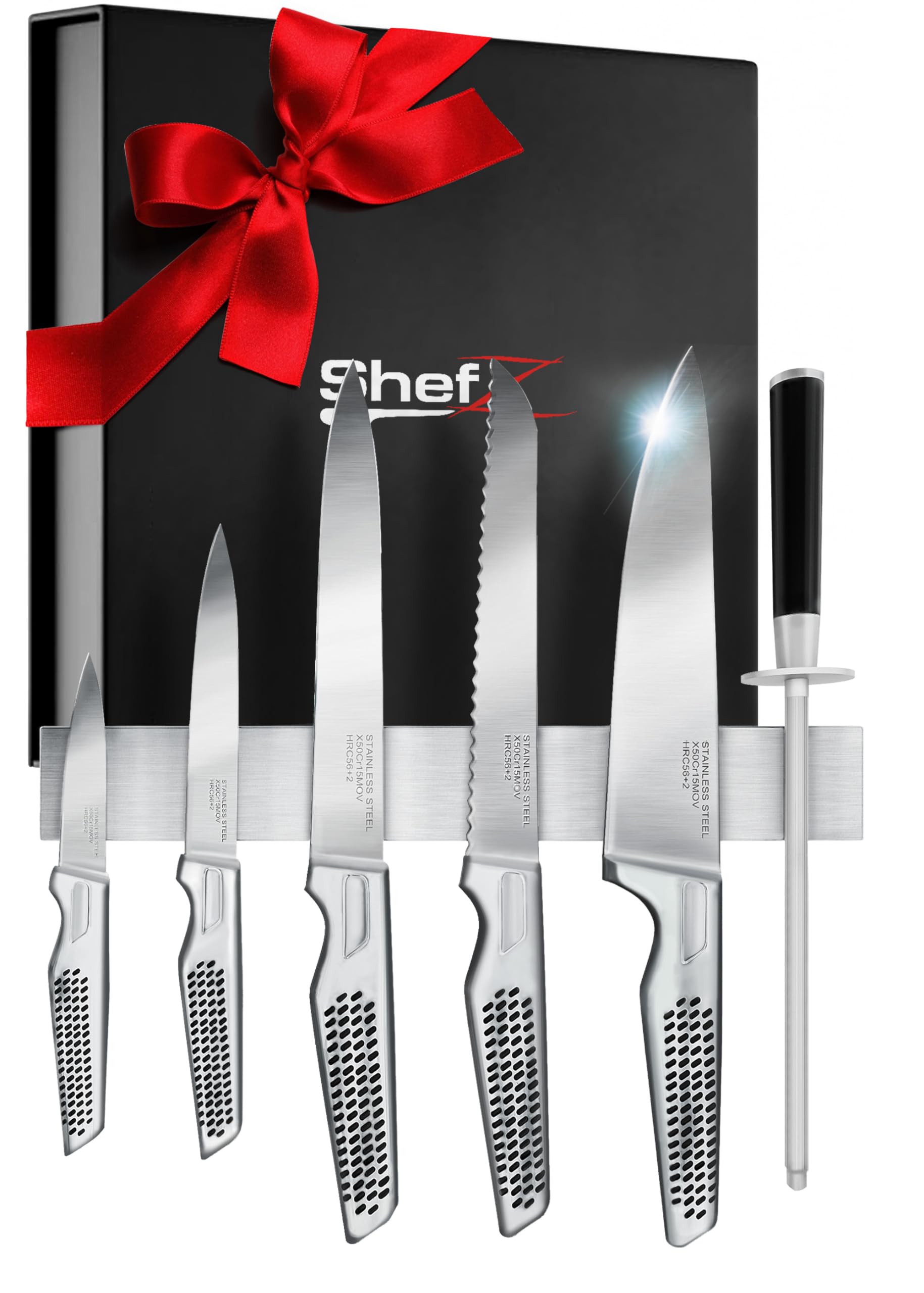 7 Pcs Ultra Sharp Kitchen Chef Knife Set with Magnetic Strip, Sharpener and Gift Box - Professional Stainless Steel Cooking Knives Set for Cutting Meat & Vegetable, Great for Gift