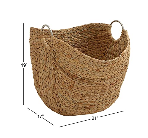 Deco 79 Seagrass Handmade Large Woven Storage Basket with Ring Metal Handles, 21" x 17" x 19", Brown