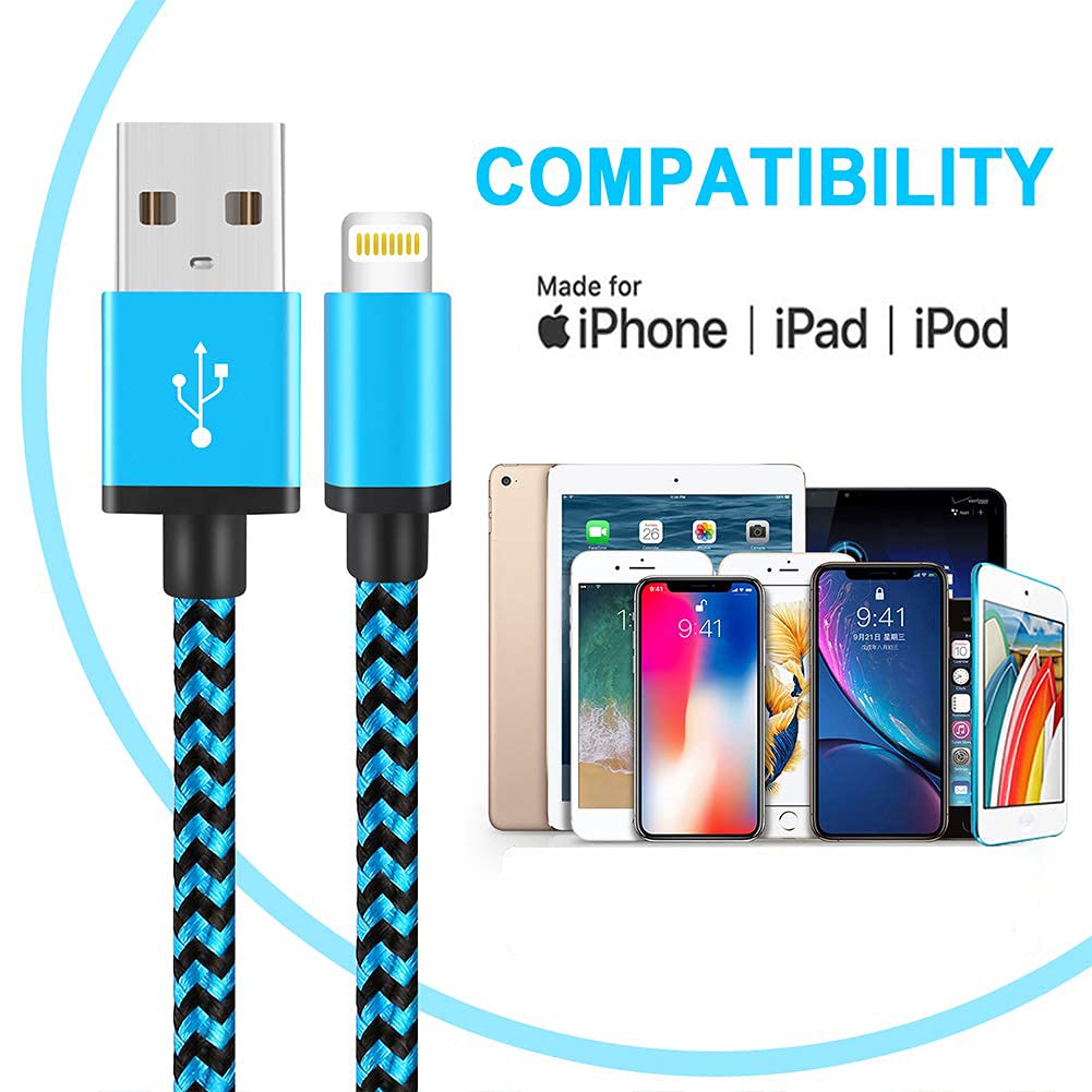 HDIIAOZ Phone Charger Founus Fast Charging Cable 6FT 3 Pack Nylon Braided High Speed Charging Cord Compatible with iPhone Xs X 8 8 Plus 7 7 Plus 6s 6s Plus 6 6 Plus iPad iPod Nano-(Blue,Orange,Green)