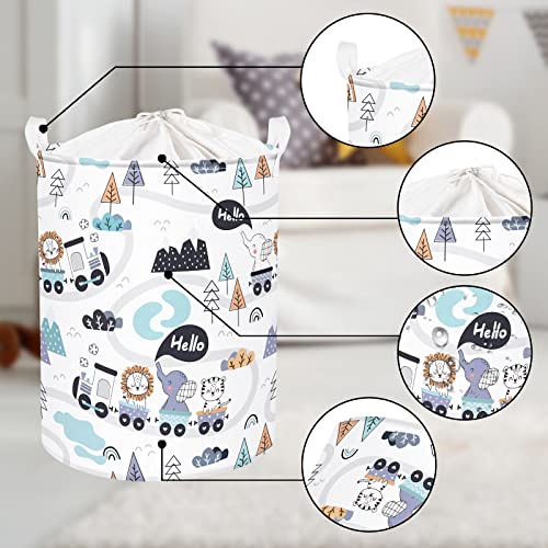Clastyle 45L Urban Traveling Animals Elephant Nursery Laundry Basket Lion Tiger Train Round Toy Clothes Storage Basket for Kindergarten, 14.2x17.7 in