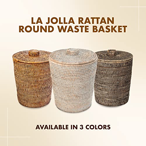 Kouboo La Jolla Rattan Round Waste Basket with Lid & Plastic Insert, 2 Gallon Woven Wastebasket & Home Decor, Honey Brown & 1030055 La Jolla Rattan Square Tissue Box Cover, 5.5" x 5.5" x 5.75"