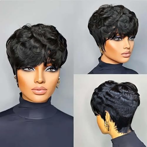 Evasens Pixie Cut Wig Human Hair Wigs for Black Women Short Wigs for Black Women Pixie wig with Bangs Full Machine Made Wig Glueless Wig Natural Wavy Wigs for Women