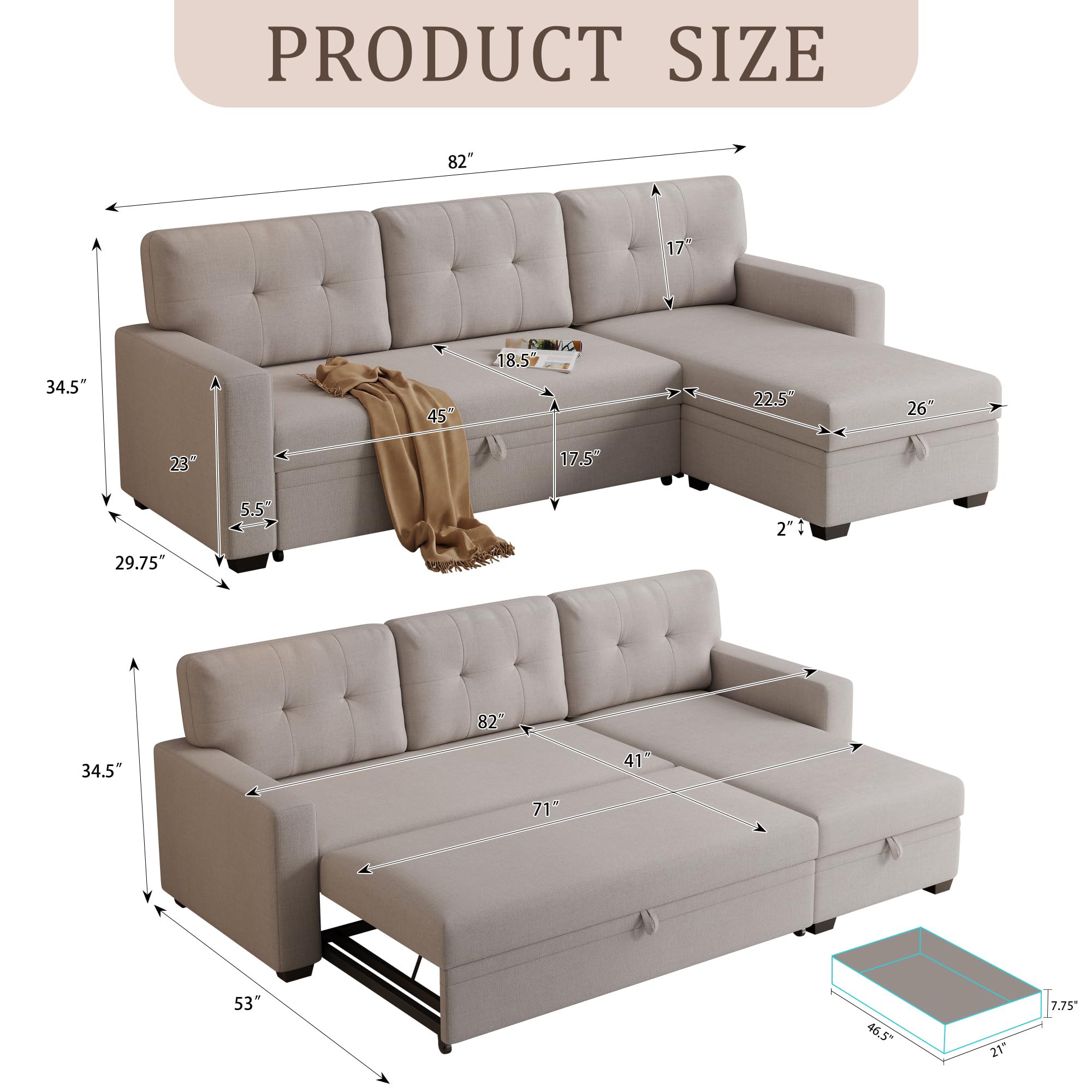 ACQCA 82" L Shaped Sleeper Sofa, Pull Out Couch Bed with Storage Chaise and 3 Tufted Back Cushion for Living Room,Apartment,Office,Beige