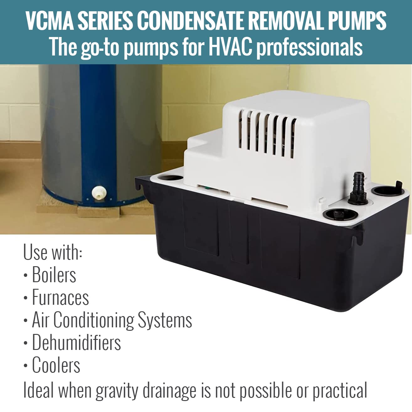 Little Giant VCMA-15ULS 115 Volt, 65 GPH, 1/50 HP Automatic Condensate Removal Pump with Safety Switch, White/Black, 554405