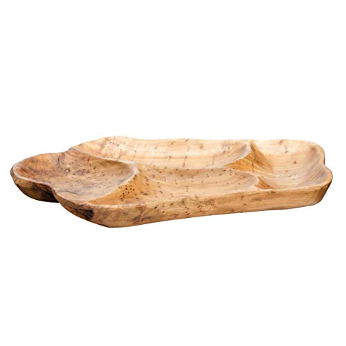 TJ Global Natural Root Wood Serving Platter Tray Board for Cheese, Appetizer, Charcuterie, Bread, Snacks, or Decor Display with 4 Compartments (18" x 13")