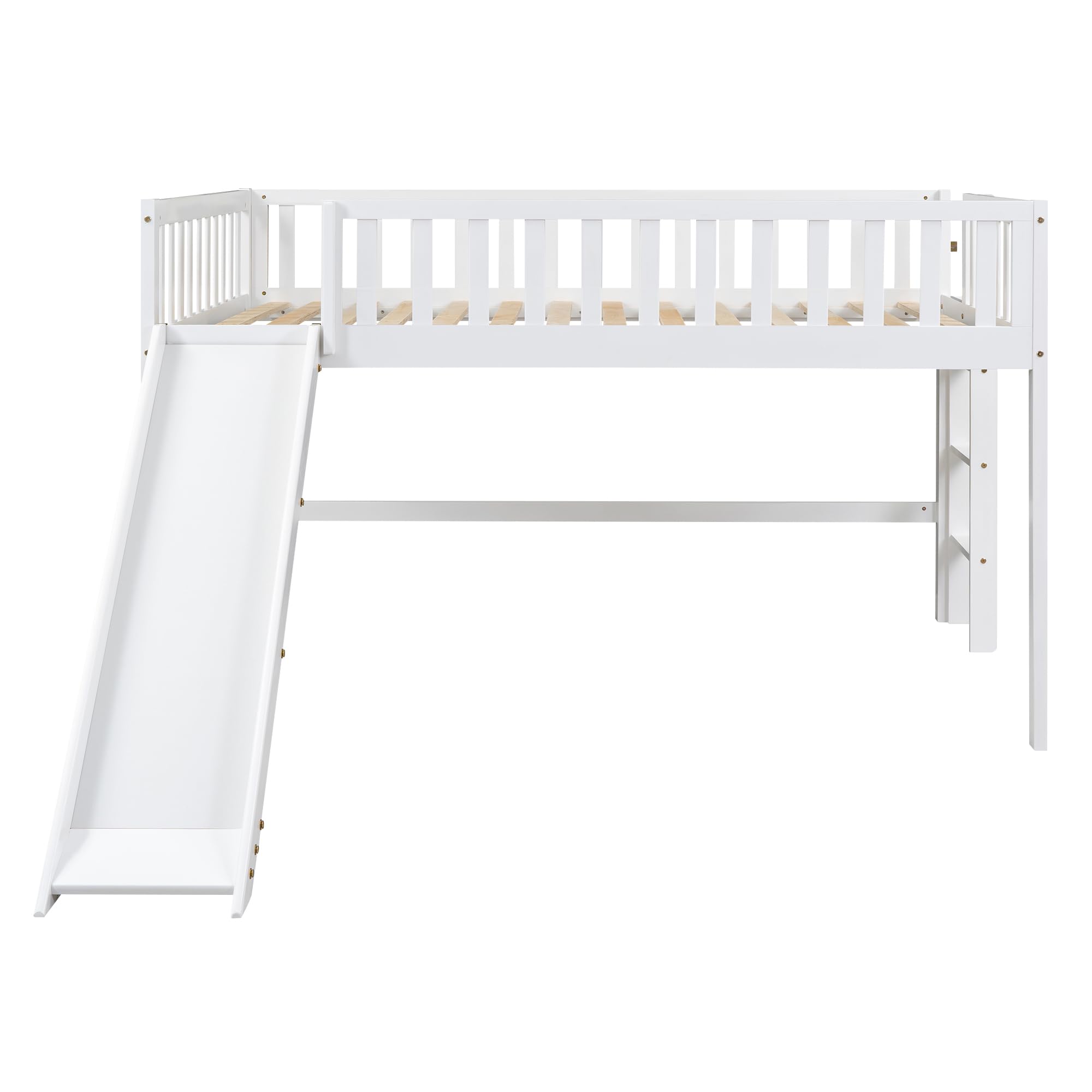 ACQCA Full Size Low Loft Bed with Slide and Ladder,Wooden Bed Frame with Guardrails for Girls,Boys,No Box Spring Required,White