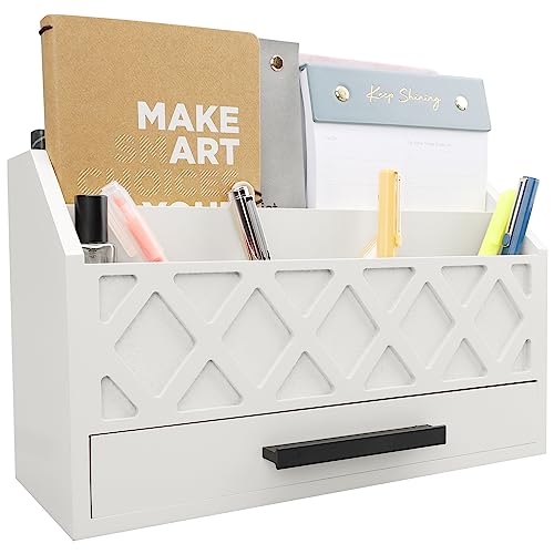 Joyhawk Office Desk Organizers and Storage, Wooden Mail Bill Organizer with Drawer for Desktop Organization, Desk Accessories & Workspace Organizers, File Paper Holder Set for Desk (White)
