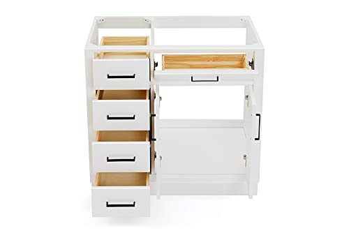 ARIEL Hepburn Bathroom Vanity Base Cabinet 36" White, Right Offset Sink Configuration, 2 Soft Closing Doors, 5 Full Extension Dovetail Drawers, Toe Kick, Matte Black