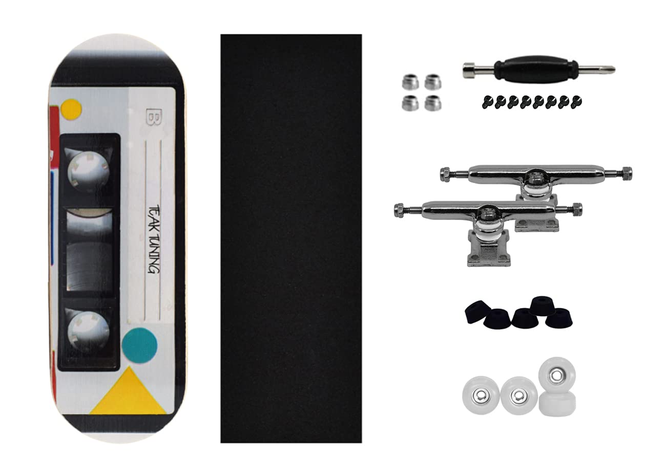Teak Tuning 32mm Pro Fingerboard Heat Transfer Graphic Complete - Fully Assembled with Pro Level Parts - Pro Shaped Wood Deck (34x97mm), UltraSpin Wheels, Prodigy Trucks - Cassette Tape