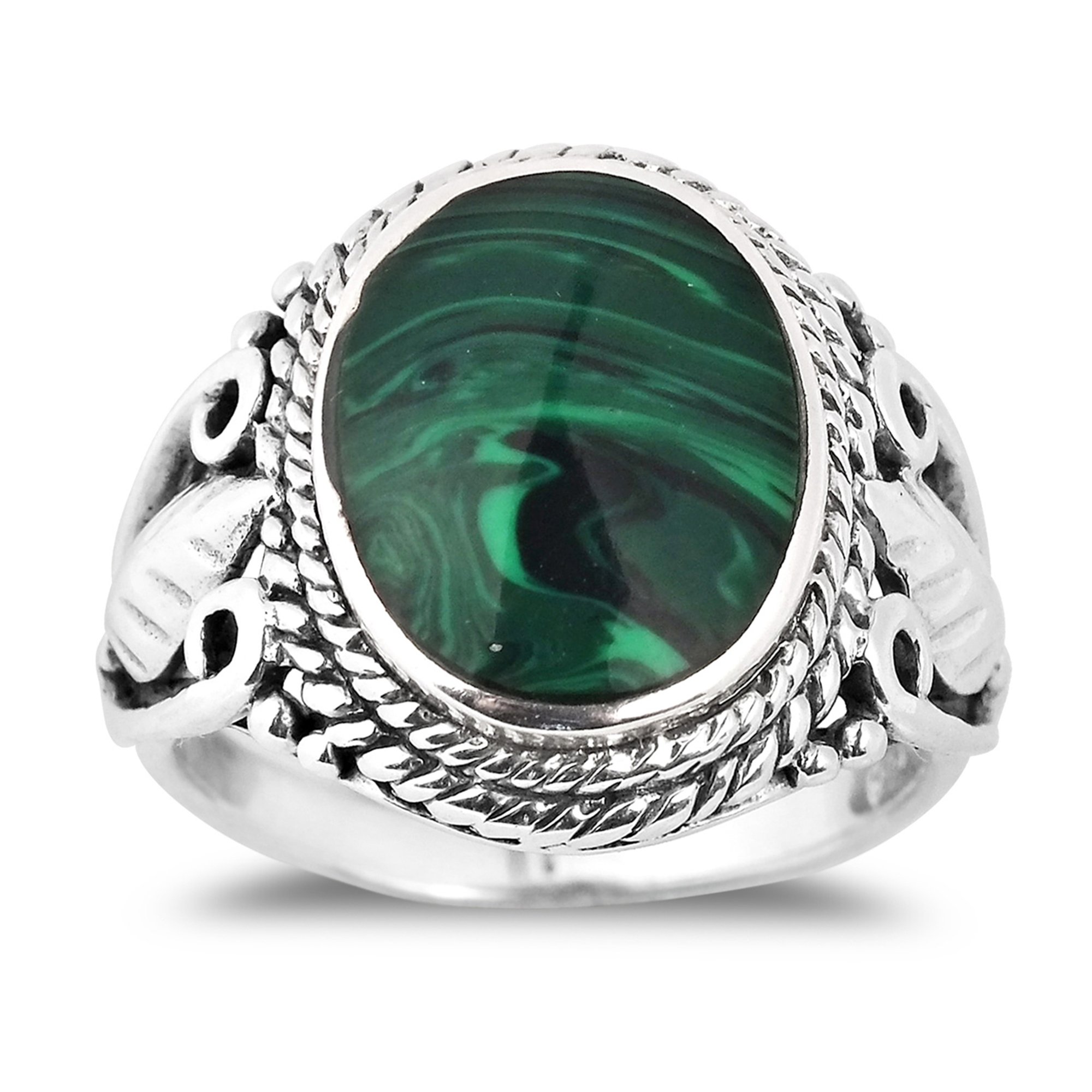 AeraVida Vintage Inspired Round Green Malachite Nature .925 Sterling Silver Ring, Size 11 | Elegant Handmade Women's | Statement Jewelry