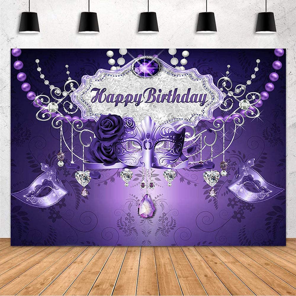 MEHOFOND Retro Masquerade Birthday Party Decorations Backdrop Mardi Gras Birthday Party Decoration Banner Purple Mask Birthday Supplies Photography Background Photo Booth Props Vinyl 7x5ft