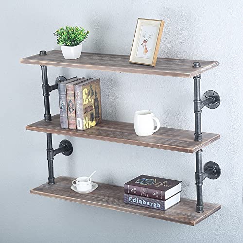 JIANZHUO Industrial Pipe Shelf Real Wood Floating Shelves,Rustic 3 Tier Wall Shelf Bar Pipe Shelving,Steampunk Pipe Shelves Wall Mounted,Metal Bookshelf Kitchen Wall Shelves(36in)