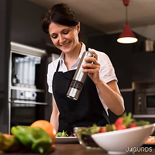 Electric Salt and Pepper Grinder Set - Automatic, Refillable, Battery Operated Stainless Steel Pepper Mill and Salt Grinder with Light - One Handed Push Button Salt and Pepper Shakers