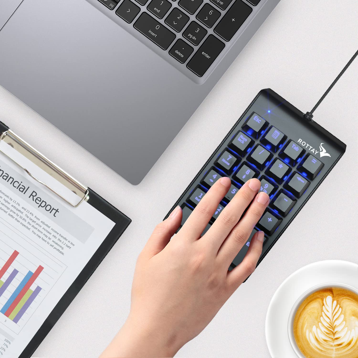 Rottay Number Pad, Mechanical USB Wired Numeric Keypad with Blue LED Backlit 22 Key Numpad for Laptop Desktop Computer PC Black (Blue switches)